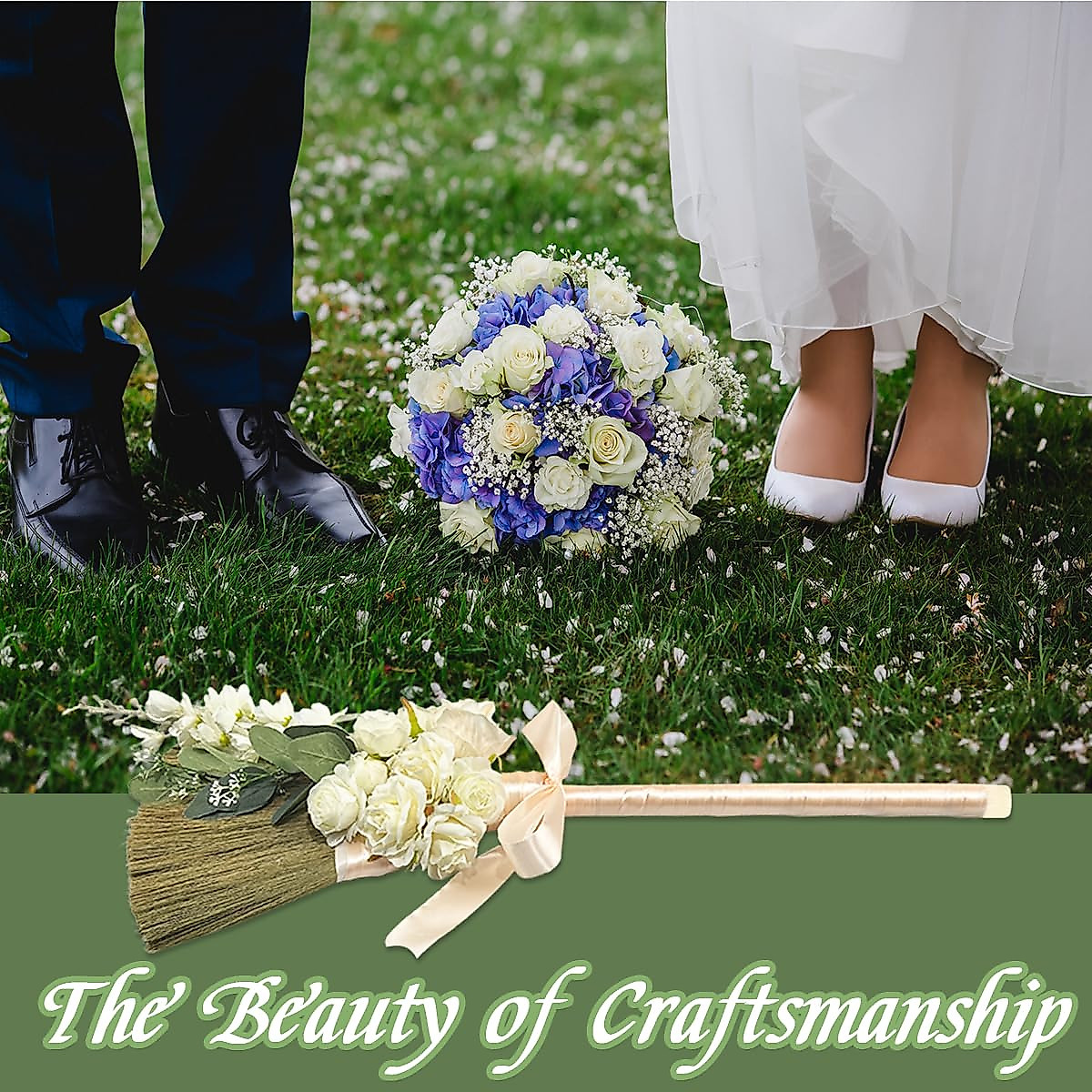 Bride and Groom Wedding Broom Jumping Ceremony,DIY Wedding Broom,Wedding Decoration Jumping Broom with Ribbon Artificial Pearls Rose Delphinium Leaves Eucalyptus,Wedding Decoration Crafts