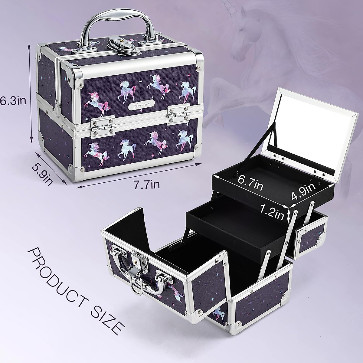 Joligrace Makeup Case for Girls Cosmetic Train Case Makeup Storage Box Jewelry Organizer Hair Accessories Lockable with Trays & Mirror Kids Gift Unicorn