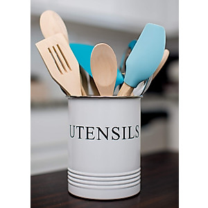 Kitchen Utensil Holder - Farmhouse Decor for Home - White Crock Organizer Caddy - Great for Large Cooking Tools by H+K Designs