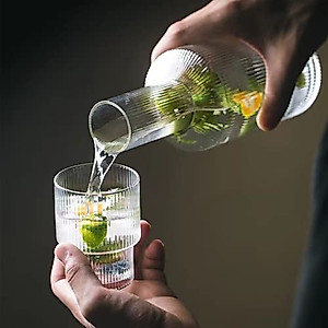 Bedside Water Carafe and Glass Set, Gencywe 28 OZ Pitcher & 6 OZ Cups, Vintage Glass Bedside Water Serving Carafe with Cup Set for Kitchen, Bedroom, Clear Juice Pitcher with Tumbler Glass (2-Piece)