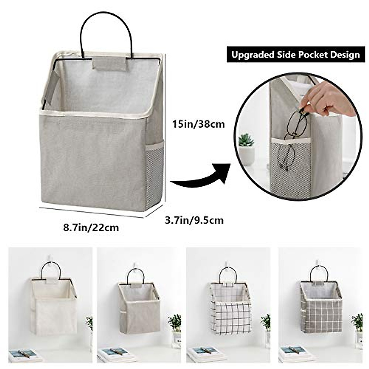 2Pack Wall Hanging Storage Bag - Gray and White, Over The Door Closet Organizer Hanging Pocket Linen Cotton Organizer Box Containers for Bedroom, Bathroom Dormitory Storage (Grid)