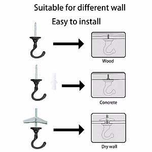 Evsteluo Large Swag Ceiling Heavy-Duty Hooks with Complete Hardware Kit - Ideal for Hanging Plants, Ceiling & Drywall Installation (2 Sets Black)