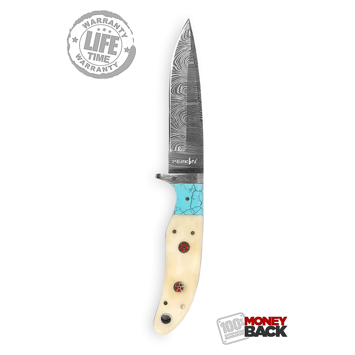 Perkin Handmade Damascus Steel Hunting Knife - Bone and Turquoise Handle -9 inches long