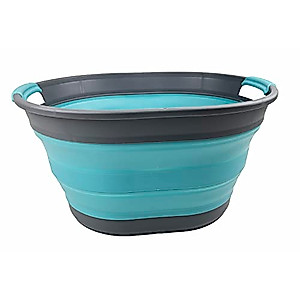 SAMMART 23L (6 Gallons) Collapsible Plastic Laundry Basket - Oval Tub/Basket - Foldable Storage Container/Organizer - Portable Washing Tub - Space Saving Laundry Hamper (Grey/Crystal Blue)