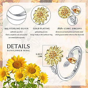 Jewenova S925 Sterling Silver Fidget Rings for Women Adjustable Open Ring Cubic Zirconia Sunflower You are My Sunshine Ring Spinner jewelry for Valentine's Day