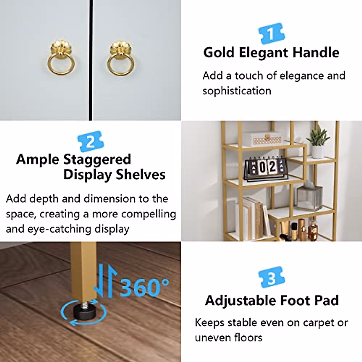 Loomie 8-Open Shelf Bookshelf with Cabinet, 76.77" H Lux Etagere Bookcase, Tall Storage Display Modern Open Book Shelf, Metal Geometric Book Case for Bedroom, Home Office & Living Room, Gold & White