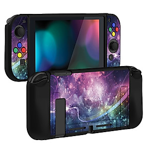 PlayVital Purple Galaxy Protective Case for Nintendo Switch, Soft TPU Slim Case Cover for Nintendo Switch Joycon Console with Colorful ABXY Direction Button Caps