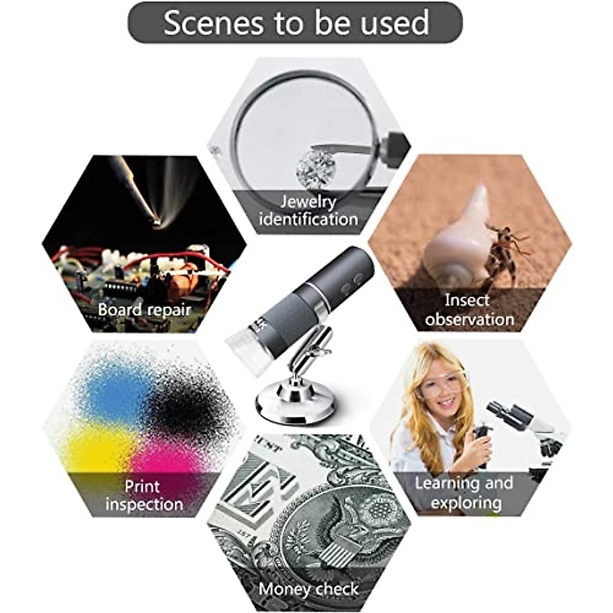 Jiusion WiFi USB Digital Handheld Microscope, 50 to 1000x Wireless Magnification Endoscope 8 LED Mini Camera with Metal Stand Compatible with iPhone iPad Mac Windows Android