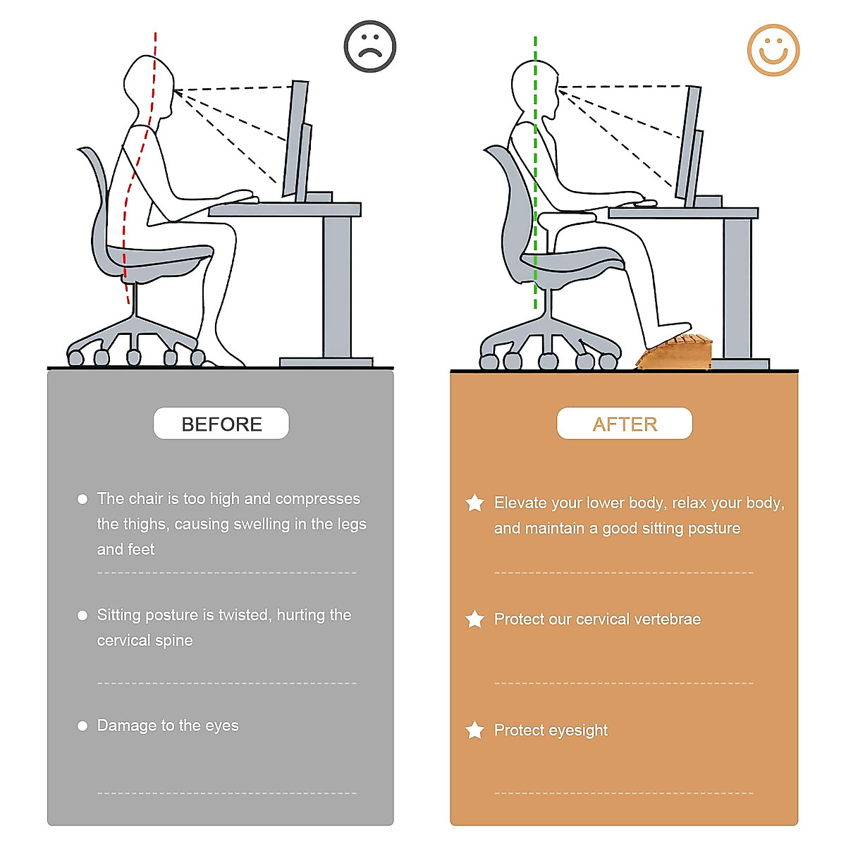 RekRang Foot Rest Under Desk,Bamboo Foot Stool with Massage Rollers & Non-Slip Legs Ergonomic Cambered Surface Foot Rest for Home Office School