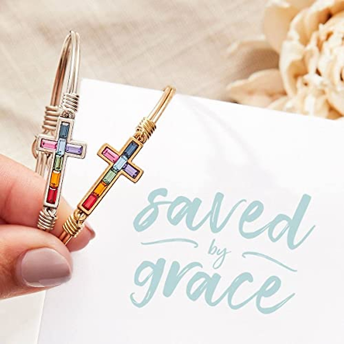 Luca + Danni Baguette Cross Bangle Bracelet in Ombre For Women - Silver Tone Regular Size Made in USA