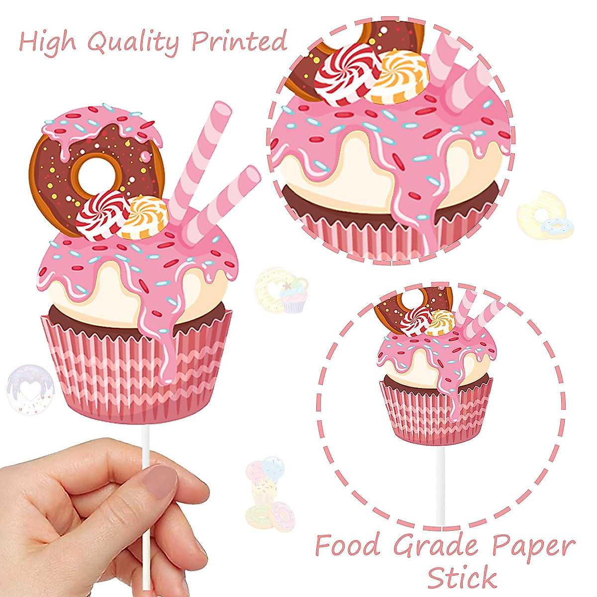 36pcs Donut Cupcake Toppers - Donut Birthday Party Supplies - Grow Up Theme - 2nd Birthday Cake Topper Decorations