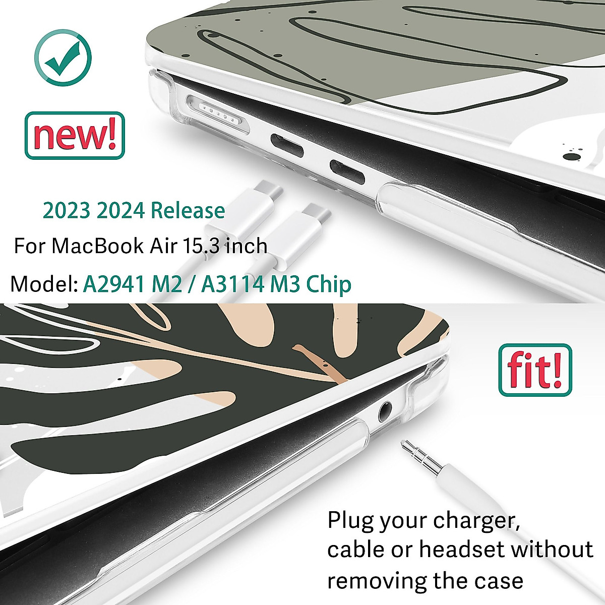 May Chen Compatible with MacBook Air 15 Inch Case Model A2941 M2 A3114 M3 Chip 2023 2024 Release, Protective Cover Laptop Hard Case with Keyboard cover, Abstract Leaves