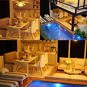 DIY Miniature Dollhouse Kit,UniHobby Time Apartment DIY Dollhouse Kit with Wooden Furniture Light Gift House Toy for Adults