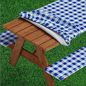 Sorfey Picnic Table Cover with Bench Covers -Fitted with Elastic, Vinyl with Flannel Back, Fits for Table 28"x 72" Rectangle,Water Proof, Easy to Clean, Checked Blue Design