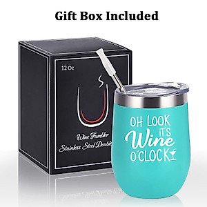 Oh Look It's Wine O'Clock - Stainless Steel Wine Tumbler with Lid, Funny Wine Gifts for Women Mom Grandma Sister Coworkers, Stemless Insulated Tumbler for Christmas Mothers Day Birthday(12oz, Mint)