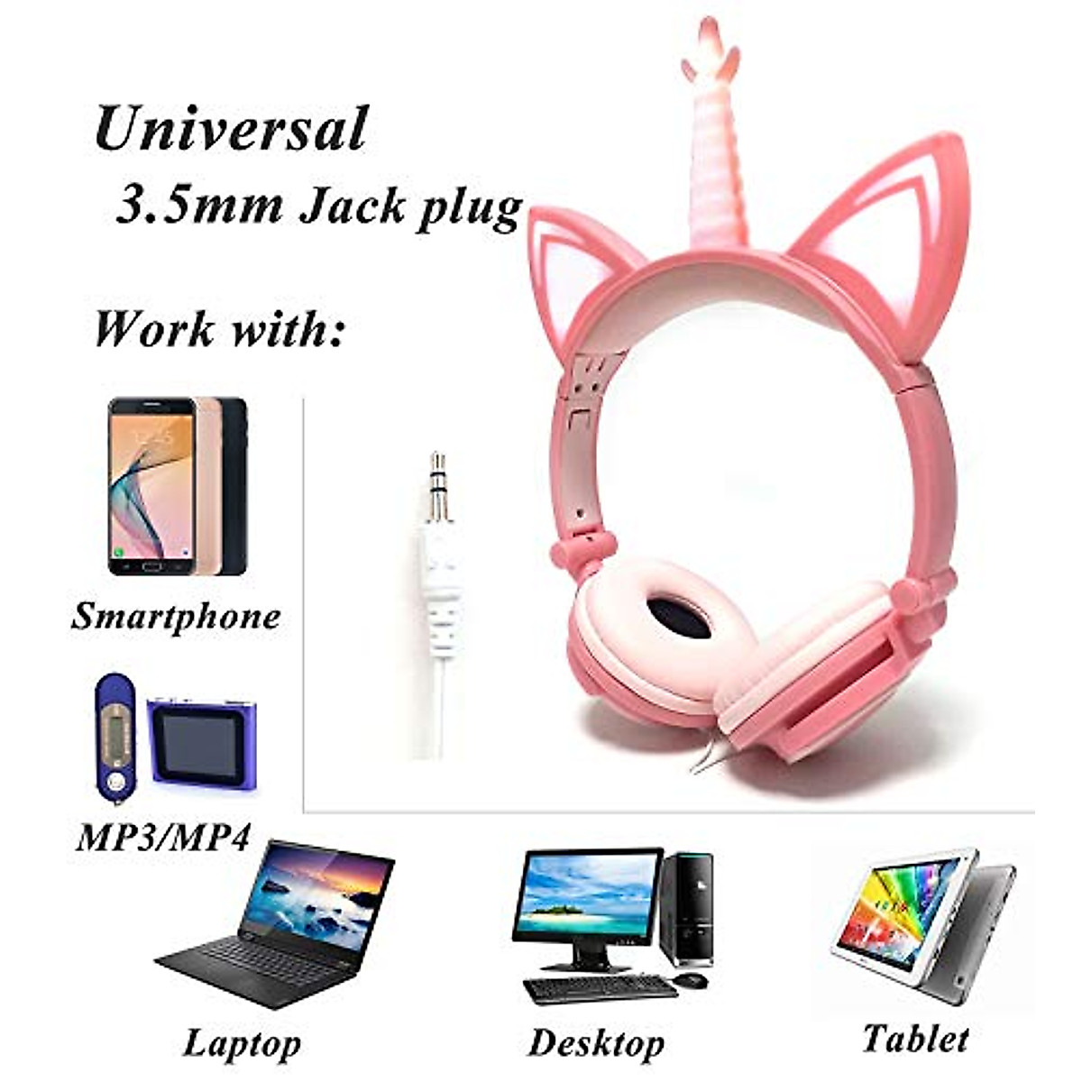 Olyre Cartoon Cute Headphones Wired 3.5mm Jack Light Up Flashing LED Unicorn Headphones Folding Adjustable On Ear Earphones for Women Girls Boys Children Kids Toddler School Birthday