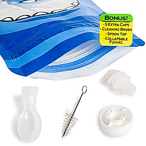 LifeSmart Reusable Food Pouches with Collapsible Funnel 20 Six Ounce Pouches 5 Caps Includes Cleaning Brush, Spoon Tops Clear Windows on The Front Excellent for Travel