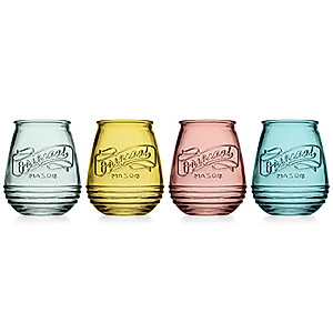 Wine Glasses Set Of 4 Assorted Colored Stemless Glasses 21 OZ. Original Mason Large Wine Cup, Red and White Wine Drinking Water Glasses. Juice, Cocktails, Smoothies, Vintage Bar Glasses