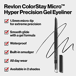 Revlon Gel Eyeliner, ColorStay Micro Hyper Precision Eye Makeup with Built-in Smudger, Waterproof, Longwearing with Micro Precision Tip, 214 Black, 0.01 Oz