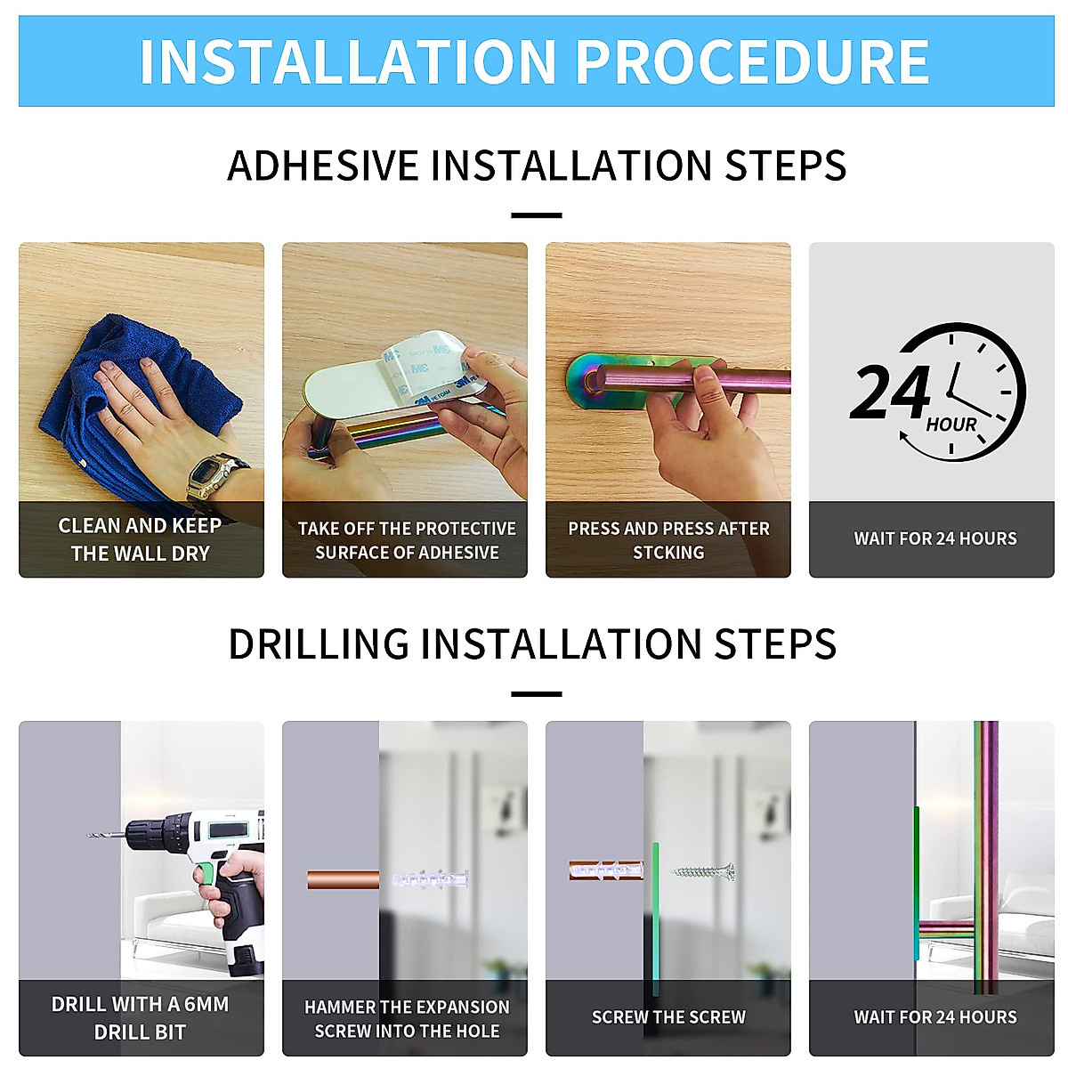 Paper Towel Holder Under Cabinet, Self-Adhesive or Drilling Rainbow Paper Towel Rack Wall Mount, SUS304 Stainless Steel Paper Towels Roll for Kitchen, Pantry, Sink, Bathroom