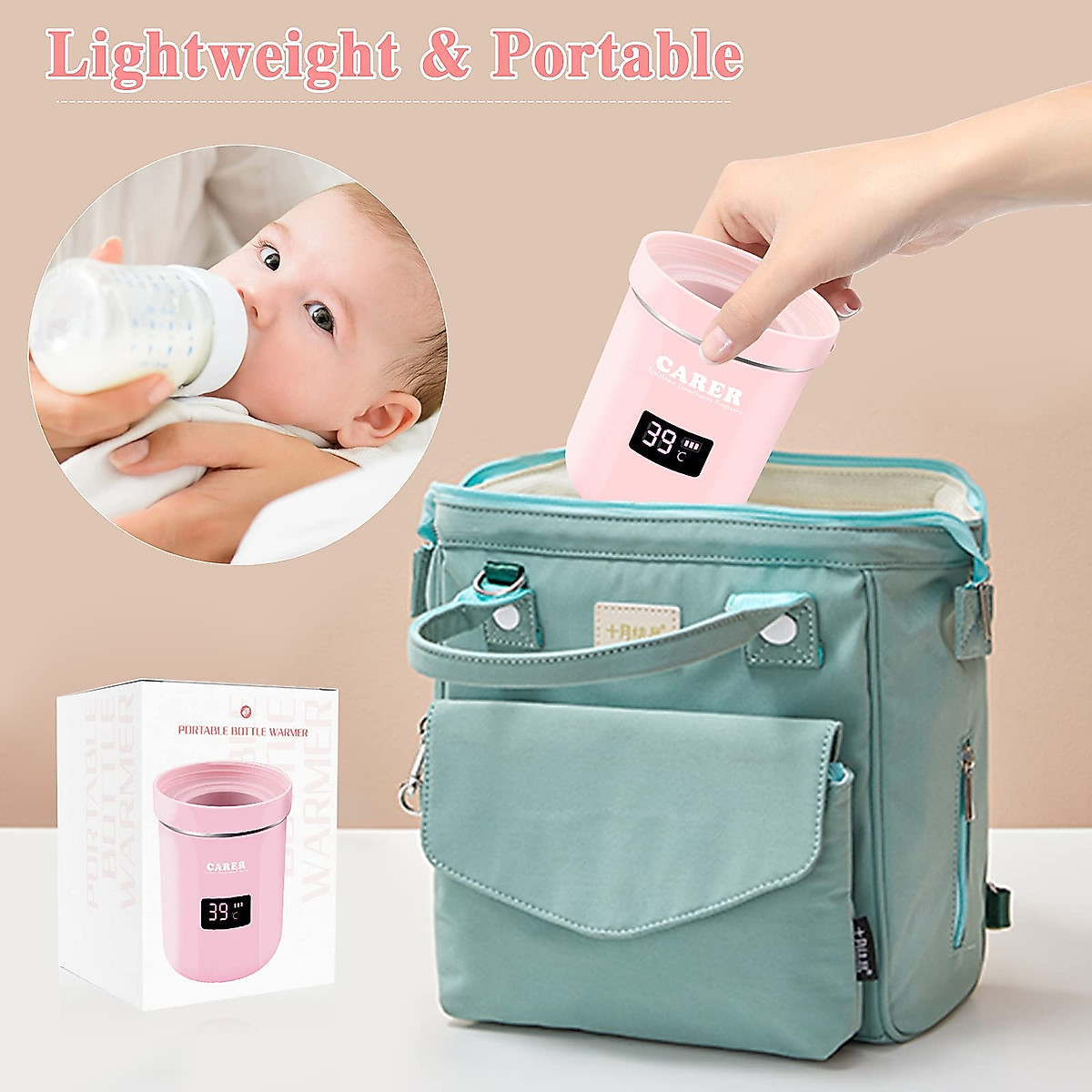 Portable Bottle Warmer Milk Warmers for Breastmilk or Formula, Travel Bottle Warmer Digital Display Thermostat Milk Heater for Baby Milk Perfect Temperature Fast Bottle Warmer Fits Most Bottle Size