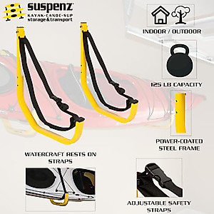 Suspenz Kayak Canoe SUP Storage Hanger for Garage Wall, Indoor Outdoor, Jay Rack Hook, Holds up to 125 lbs, Yellow, (11-0001)