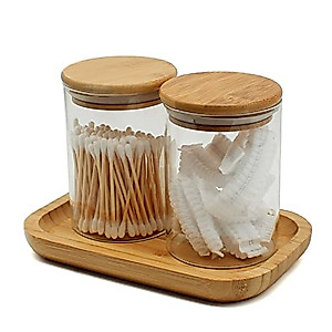 Qtip Holder, Glass Bathroom Canisters with Bamboo Lid, Cotton Ball Holder with Tray, Apothecary Jars for Cotton Swabs, Floss, Bathroom Accessories Storage Organizer (2 Pack)