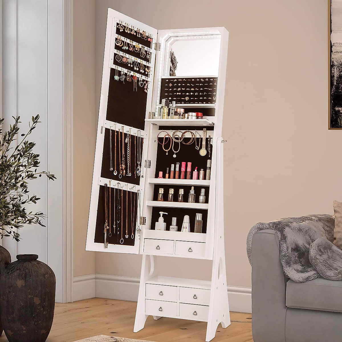 GOFLAME Jewelry Cabinet Freestanding, LED Lighted Jewelry Armoire with Full-length Frameless Mirror, Foldable shelf, 6 Drawers, Lockable Mirrored Jewelry Cabinet with 3 Adjustable Angle (White)