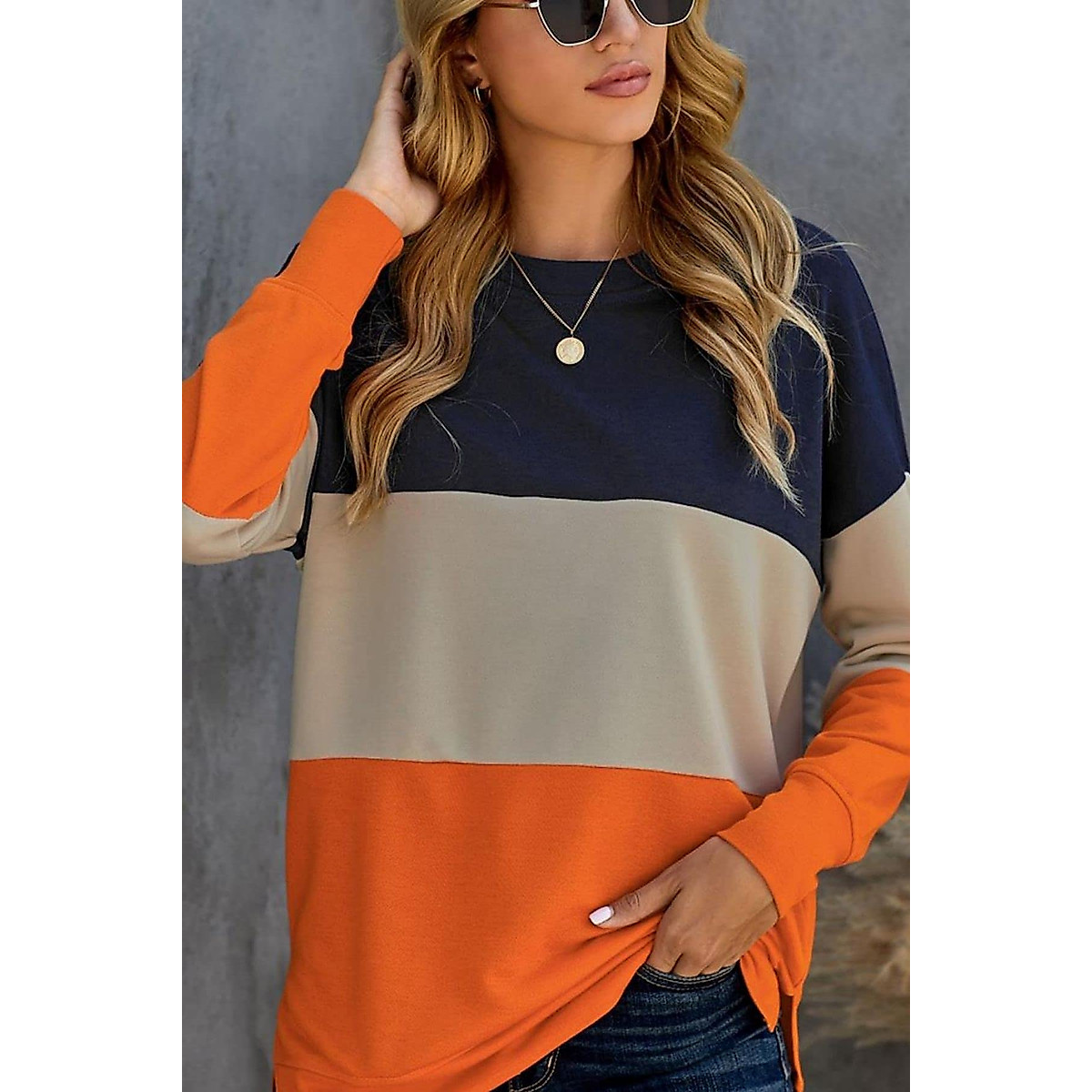 KINGFEN Womens Fall Fashion Clothes 2024 Oversized Crewneck Sweatshirt Long Sleeve Casual Shirts Plain Color Block Lightweight Pullover Sweatshirts No Hood Comfy Tops Outfits Sweaters Orange Large