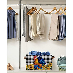 Storage Bins, Farm Rooster Sunflower Black and White Buffalo Plaid Storage Baskets for Organizing Closet Shelves Clothes Decorative Fabric Baskets Large Storage Cubes with Handles