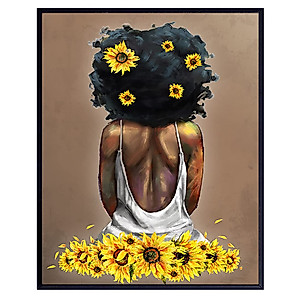 African American Wall Art - Black Wall Art - Sunflower Wall Decor For African American Woman, Girls - Black Girl Magic - Afro Girl - Black Art for Women - Melanin Queen - Black Pride - UNFRAMED 8x10