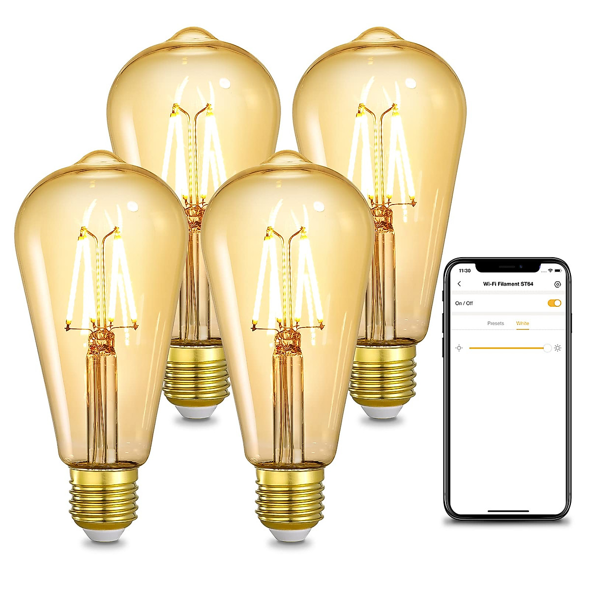 Linkind Smart Edison Bulbs, WiFi LED E26 Edison Bulbs, Dimmable ST64 Vintage Filament Light Bulb, 45W Equivalent, 2200K Soft White, 350lm, Compatible with Alexa, Google Home, No Hub Required, 4 Pack