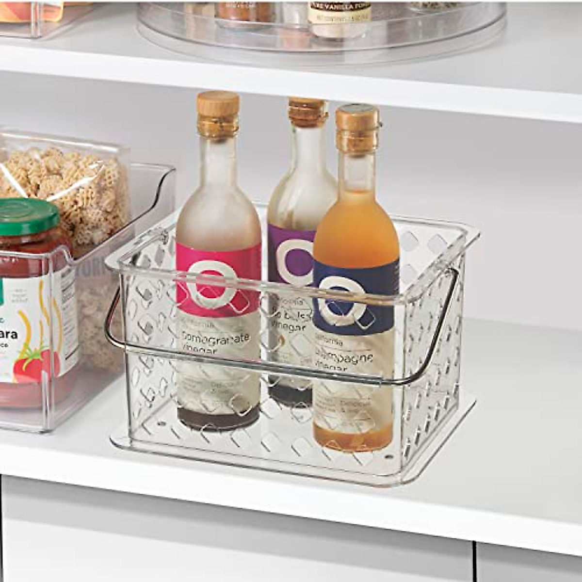 OGGI Clear Stacking Storage Basket with Handle - Plastic Caddy with Handle, Ideal Kitchen Undershelf Basket, Bathroom Storage Bin, Beauty Product Organizer, Cleaning Basket, Makeup Caddy, Size 9x7x5"