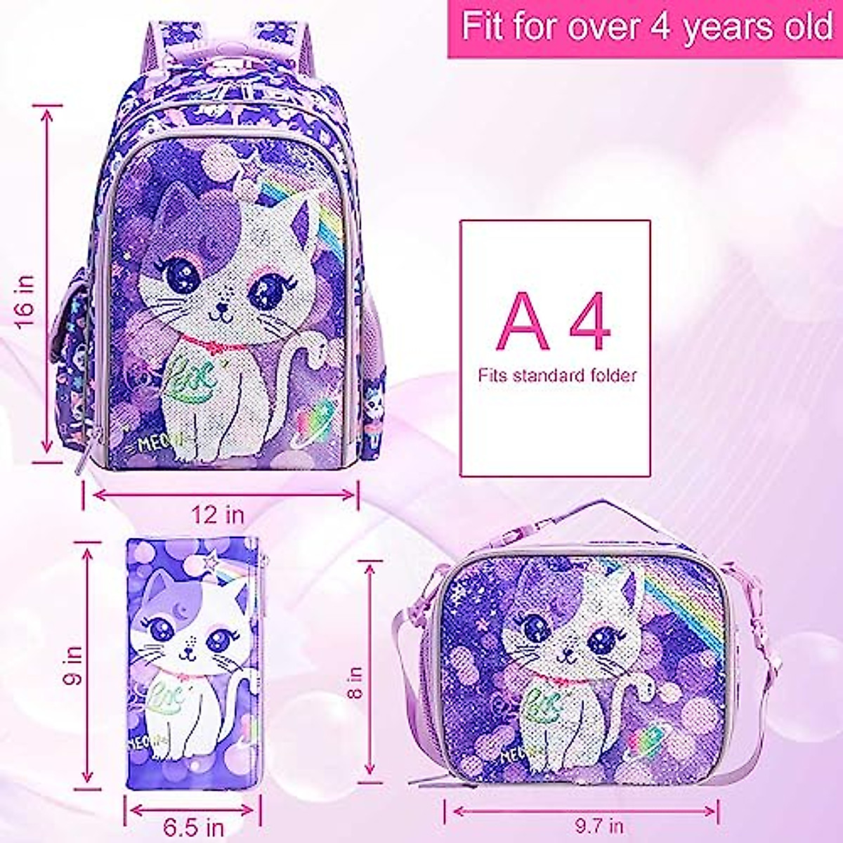 3PCS Cat Backpack for Girls, 16" Sequin Bookbag and Lunch Box for Kids, Water resistant Preschool Backpacks for Elementary Students
