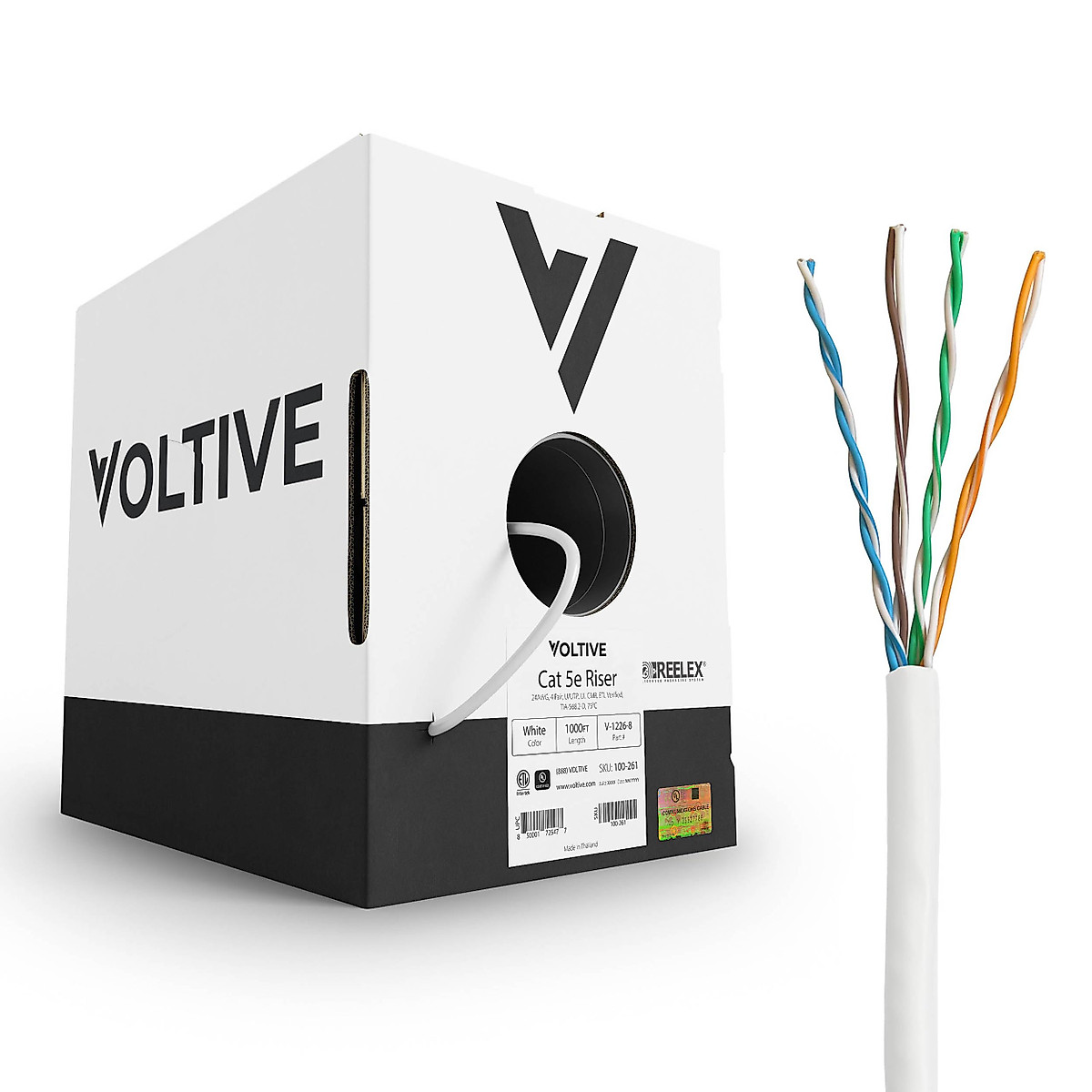 Voltive Cat5e Riser (CMR), 1000ft, White - Solid Bare Copper Bulk Ethernet Cable - UTP - 350MHz - UL Certified & ETL Verified