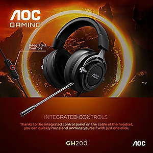 AOC Gaming GH200 Wired Gaming Headset with 2.0 Stereo Sound, Built-in Detachable Microphone, Premium Protein Leather, Integrated Control Panel and 3.5 mm Cable Connection