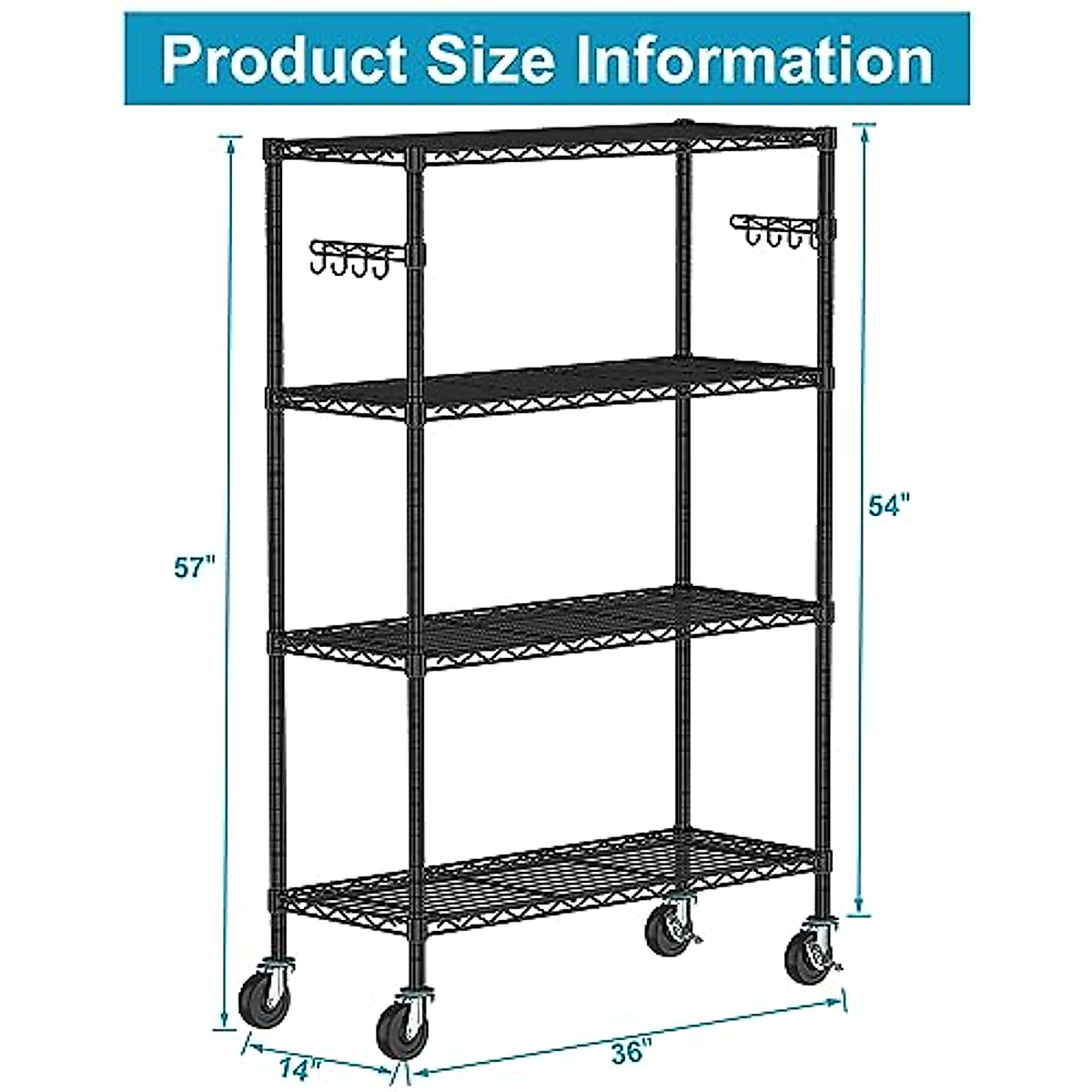 4 Tier Wire Shelving Unit with Wheels, Storage Rack Shelves Heavy Duty Metal Shelves, Commercial Steel Wire Shelving Storage Shelf Organizer for Kitchen Garage Warehouse Office (36W x 14D x 57H)
