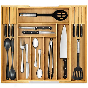 Expandable Silverware Organizer for Utensils Holder, Kitchen Drawer Organizer and Cutlery Tray with 2 Removable Knife Block,13-20inch