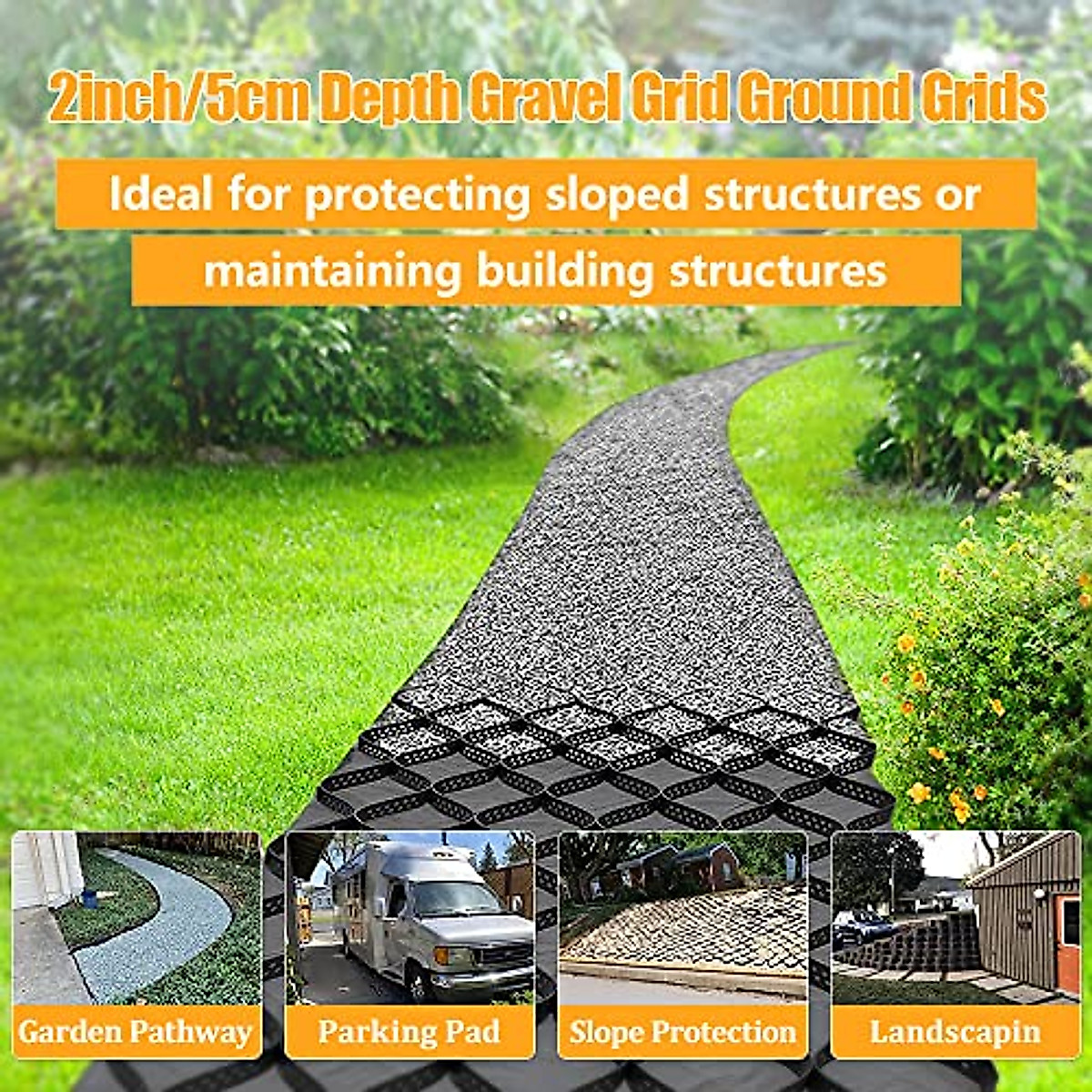 YUEWO Geo Grid Ground Grid 2 Inch (9x17FT) 155 sq ft Geocells Cellular Confinement System Geo Cell Grid Paver for Gravel Stabilizer for Light Duty Traffic Areas Foot Traffic with 30pcs Buckles