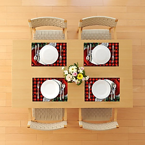 Nepnuser Linen African American Christmas Placemats Set of 4 Buffalo Plaid Black Santa Claus Place Mats for Home Kitchen Dining Table Decoration