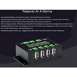 Industrial Grade USB HUB with 4X USB 2.0 Ports, Switchable Dual Hosts, Support Multi System Multi Protections ESD Protection TVS Diode Compatible with Linux, Windows 11/10 / 8.1/8 / 7 / XP