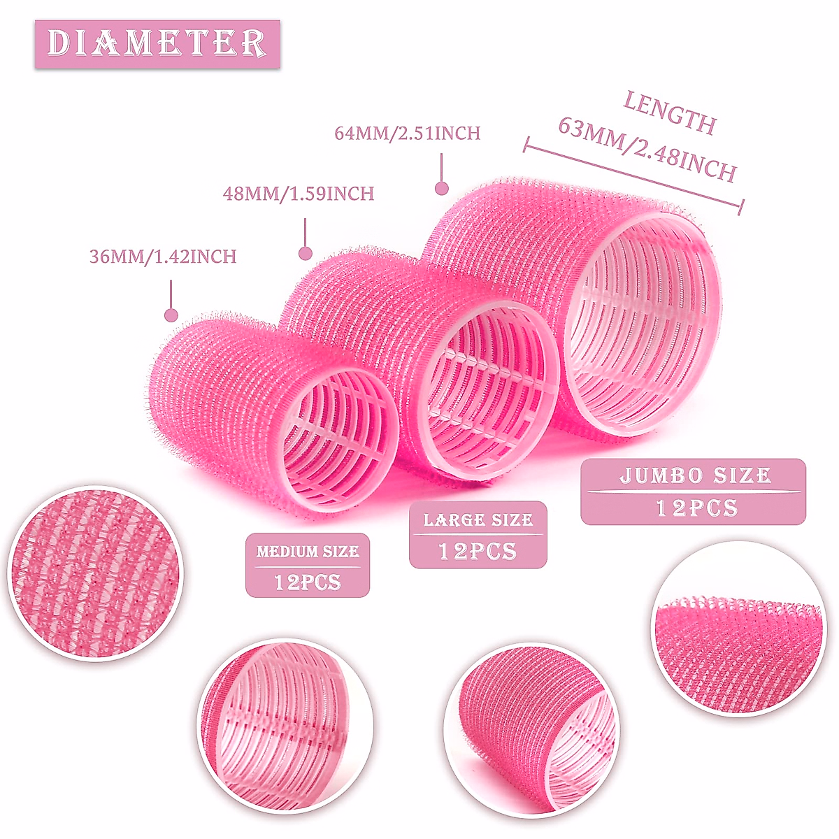 Velcro Jumbo Rollers Set for Volume and Curls - 47Pcs with 3 Sizes (Large, Medium, Small), Roller Clips, and Comb for All Hair Types and Lengths