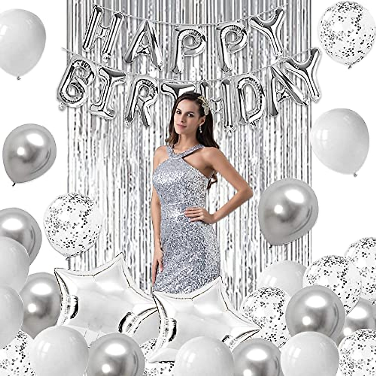 Silver Birthday Decorations,Silver Metallic Confetti Latex Balloons,Silver Happy Birthday Balloons Banner with 2Pcs Large Silver Star Foil Balloons,Silver Fringe Curtains Photo Booth Props