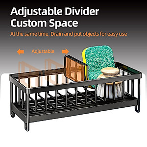 Hovadova Kitchen Sink Caddy Sponge Holder for Kitchen Sink Counter, Rustproof 304 Stainless Steel Dish Sponge Organizer with Removable Divider, Soap Brush Holder Kitchen Sink Accessories, Black