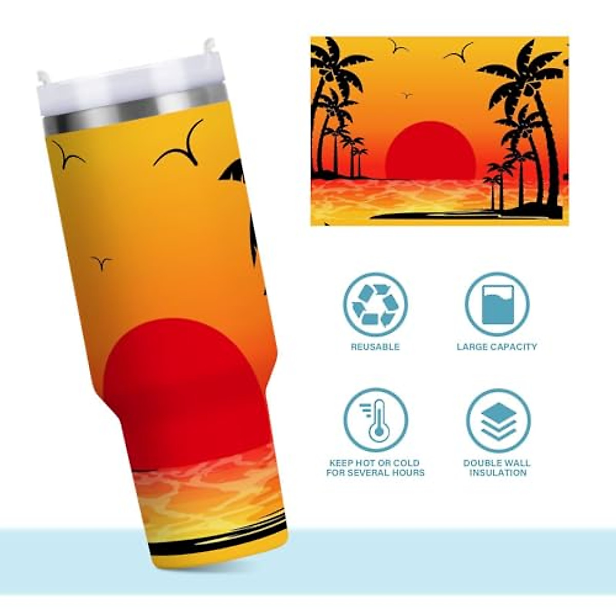 DIGTIA Stainless Steel Insulated Tumbler w/Handle & Straw, Sunset Trees Double Wall Vacuum Travel Coffee Mug Cup w/Lid, Leak-Proof Sports Seabirds Water Bottle,40oz