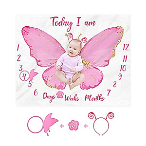Eunikroko Butterfly Baby Monthly Milestone Blanket Girl Watercolor Baby Monthly Growth Blanket, Soft Flannel Fleece Blanket for 1-12 Months Photo Props Newborn Baby Gift Idea for Shower Nursery Decor
