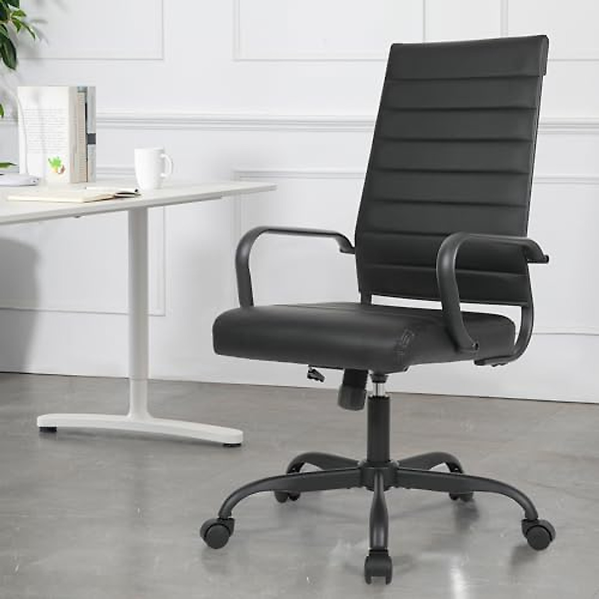 LANDSUN Home Office Chair High Back Executive Chair Ribbed Leather Computer Desk Chair with Armrests Soft Pad Adjustable Height Swivel Conference Black Frame