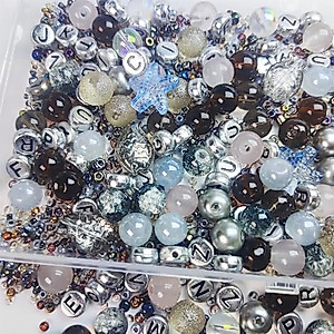 750 Pcs Smoke Gray Glass Beads for Bracelets with 200 Acrylic Letters,Mixed Craft Beads Jewelry Making Kit, Glass Beads Bracelet Making Kit, 8mm Round Cystal Beads with Seed Beads for DIY Working