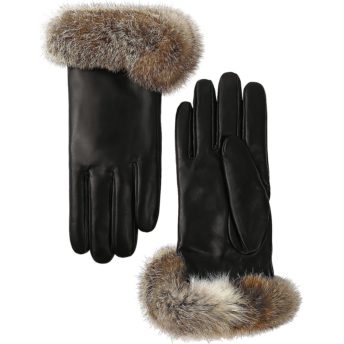 OCXMME Super Warm Womens Rabbit Fur Lined and Cuff Leather Gloves for Women Touchscreen Texting Driving Gloves Black Large