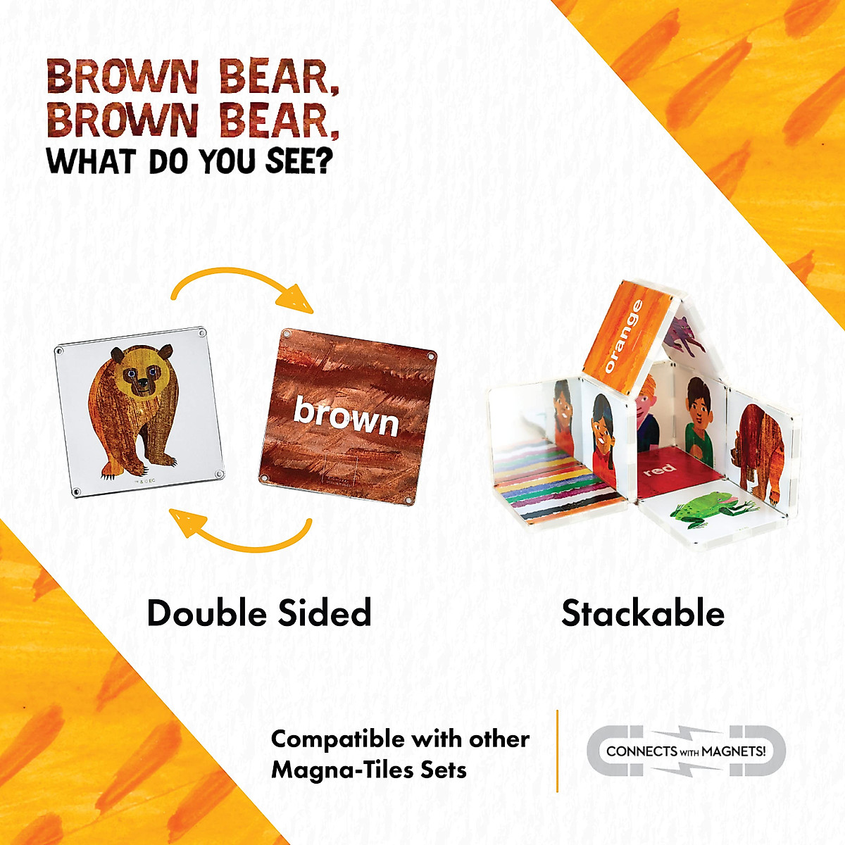 CreateOn Magna-Tiles Brown Bear, What Do You See? (The Very Hungry Caterpillar) Set, Eric Carle Books for Kids’ Building Toys, Magnet-Tiles Toys for Ages 3+, 16 Pieces